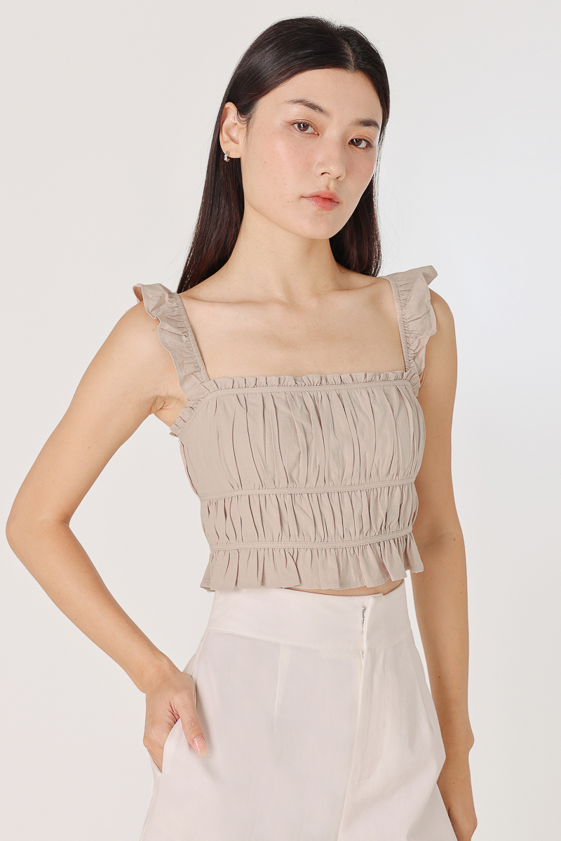 HADLEY PADDED LINEN RUFFLE STRAP RUCHED TOP (BONE) | Lovet