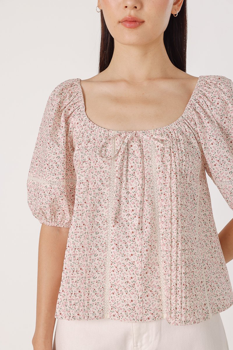 RUELLA LINEN LACE INSERT PINTUCK PUFF SLEEVE BLOUSE (FLORAL) | Lovet