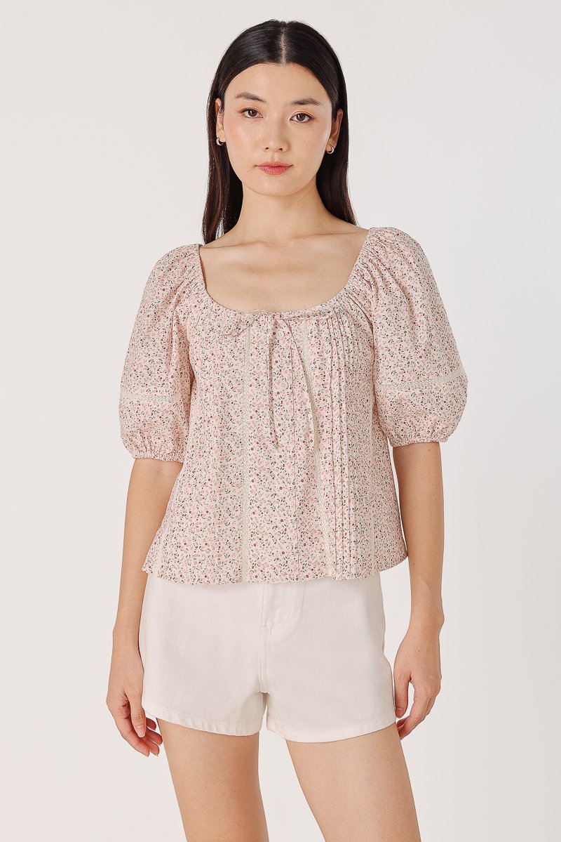 RUELLA LINEN LACE INSERT PINTUCK PUFF SLEEVE BLOUSE (FLORAL) | Lovet