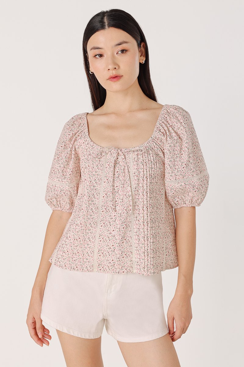 RUELLA LINEN LACE INSERT PINTUCK PUFF SLEEVE BLOUSE (FLORAL) | Lovet