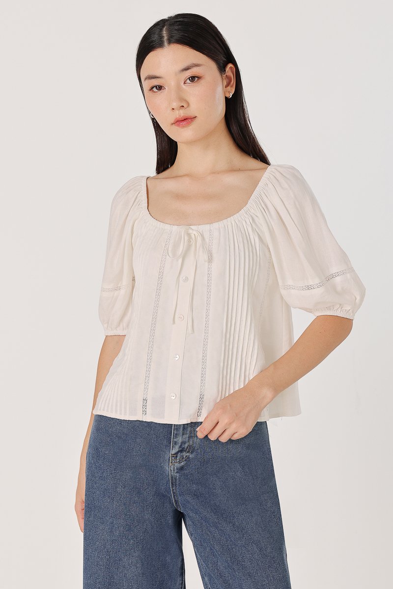 RUELLA LINEN LACE INSERT PINTUCK PUFF SLEEVE BLOUSE (WHITE) | Lovet