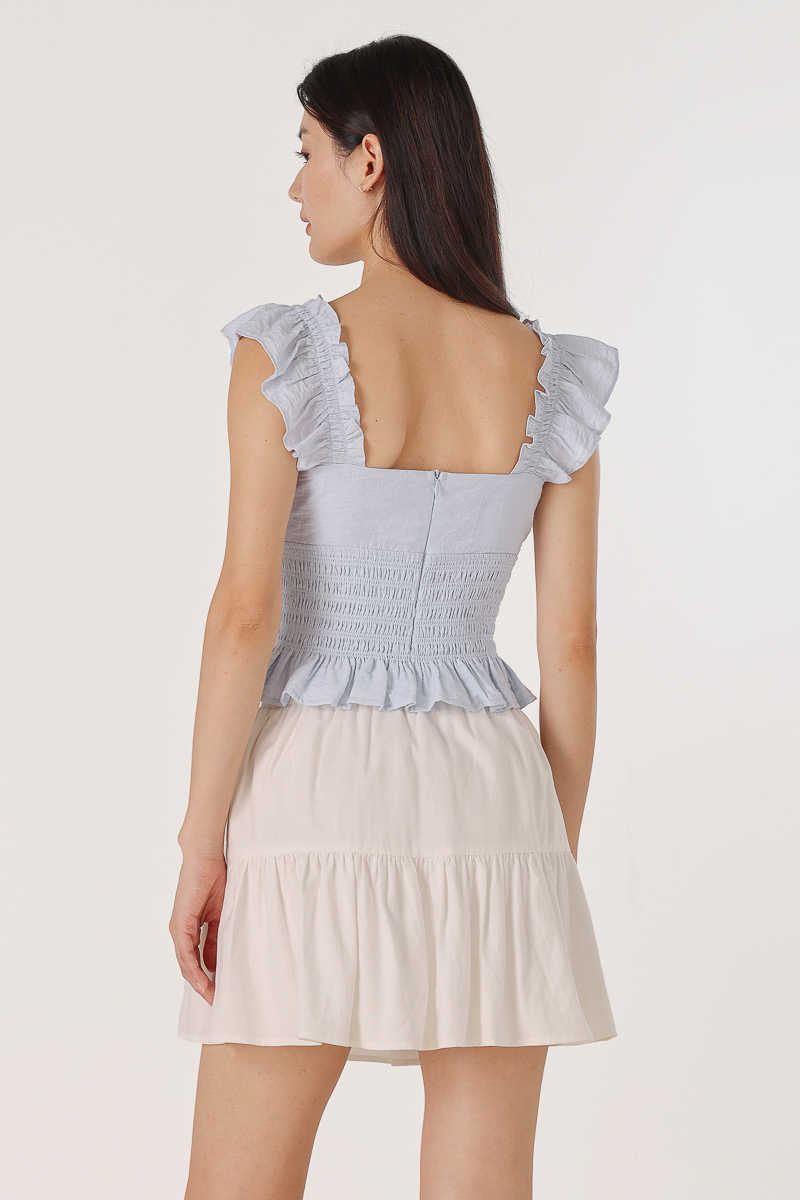 AVENLY PADDED RUFFLE STRAP SMOCKED WAIST TOP (BLUE) | Lovet