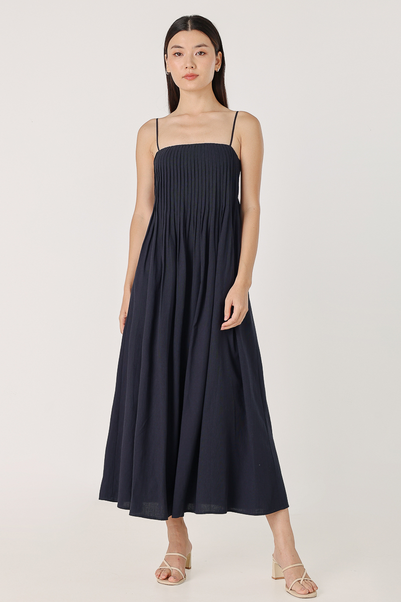 SHAMAINE PADDED LINEN PINTUCK MIDAXI DRESS (NAVY) | Lovet