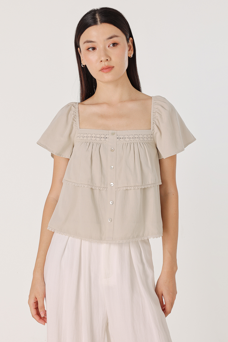 ELVIRA LACE INSERT FLUTTER SLEEVE SHELL BUTTON TOP (OAT) | Lovet