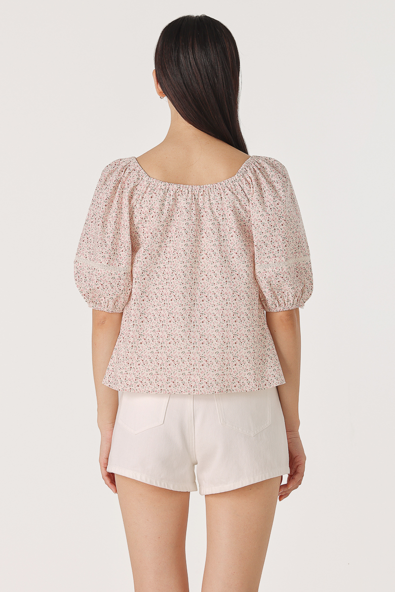 RUELLA LINEN LACE INSERT PINTUCK PUFF SLEEVE BLOUSE (FLORAL) | Lovet