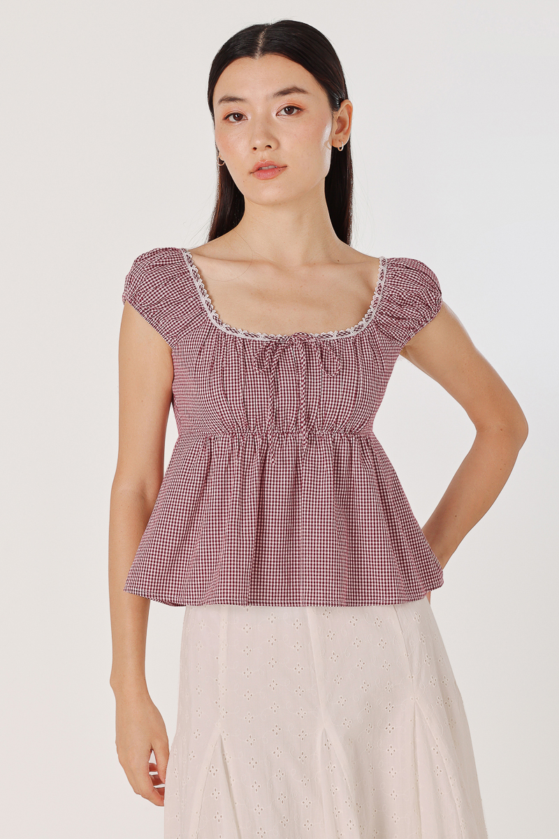 TAYLA PADDED GINGHAM EYELET TRIM RIBBON BABYDOLL TOP (RED GINGHAM) | Lovet
