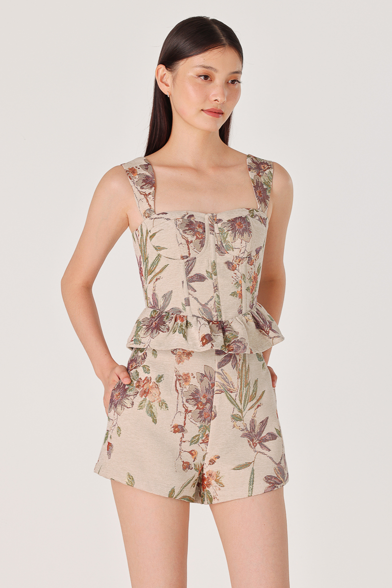 PATRINE PADDED BROCADE FLORAL CORSET PEPLUM TOP (CLAY) | Lovet