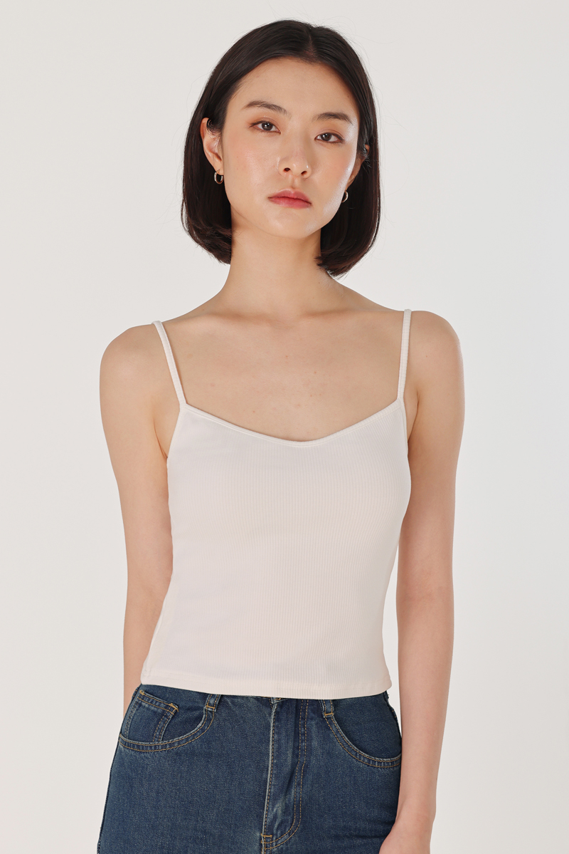 ZAYLEY PADDED REVERSIBLE NECKLINE RIBBED CAMI TOP (WHITE) | Lovet