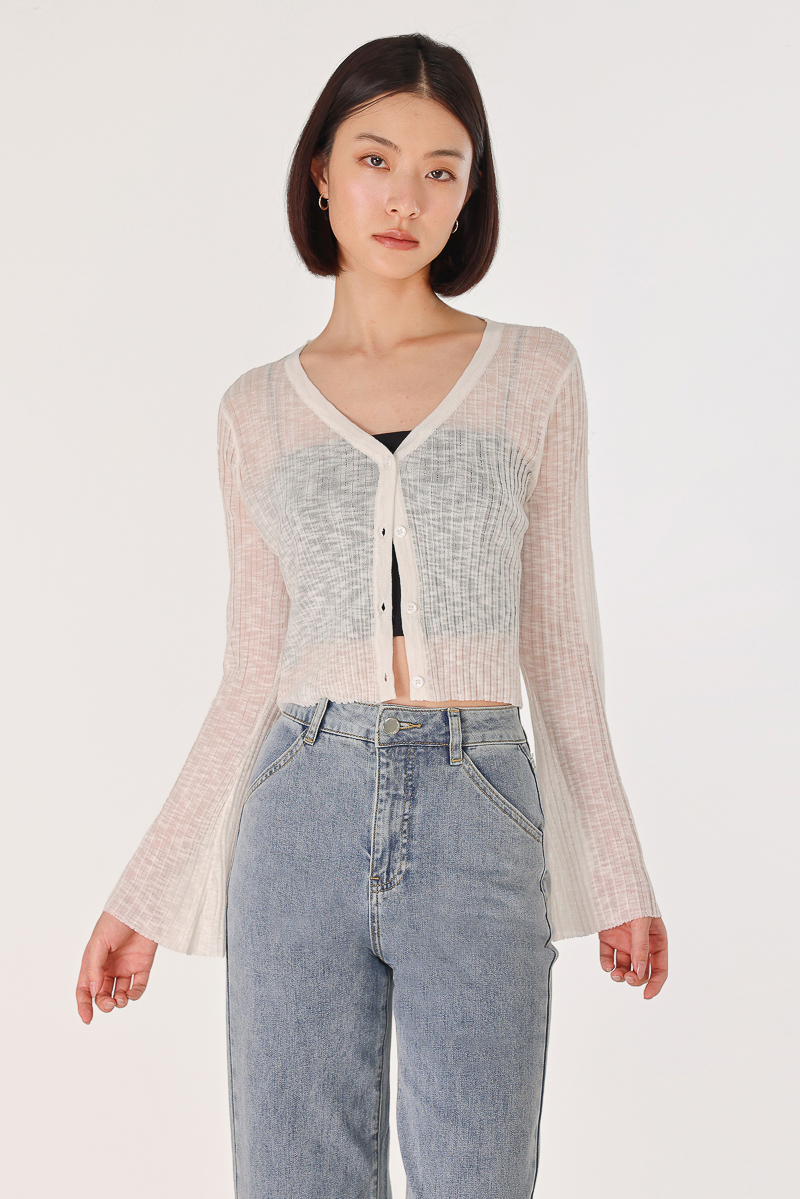 ZAYNA BUTTON FLARE SLEEVE SHEER CARDIGAN (WHITE) | Lovet